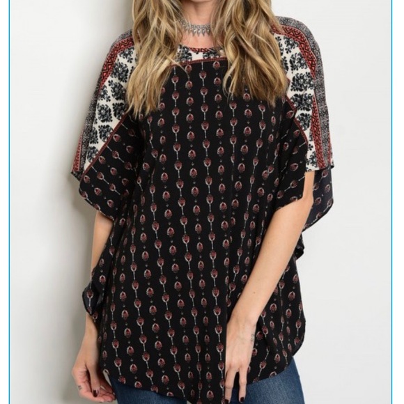 Tops | Black Rust Print Top Tunic Boho Style Top | Poshmark